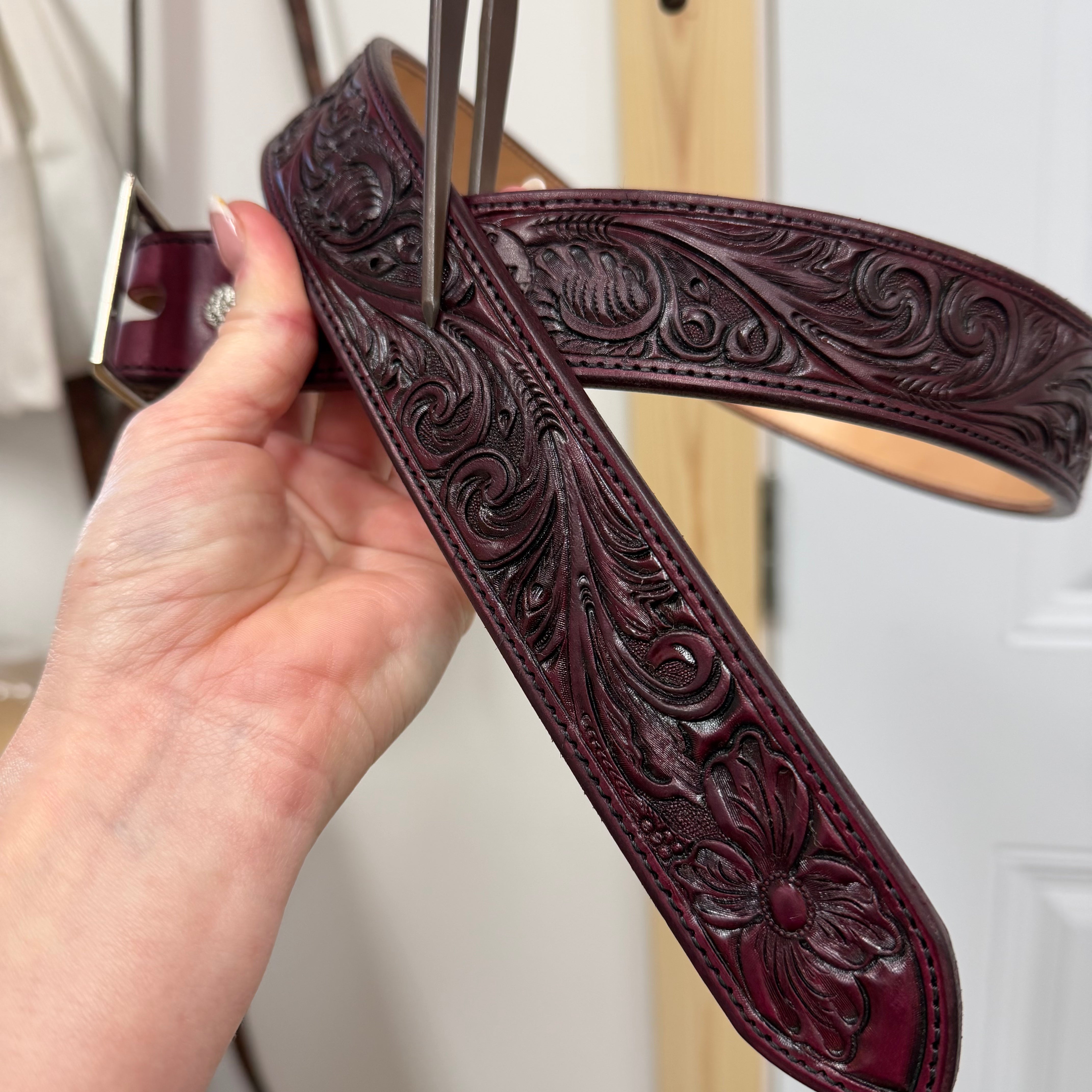 Dark Cherry Floral Carved Belt – Blessing Custom Leather